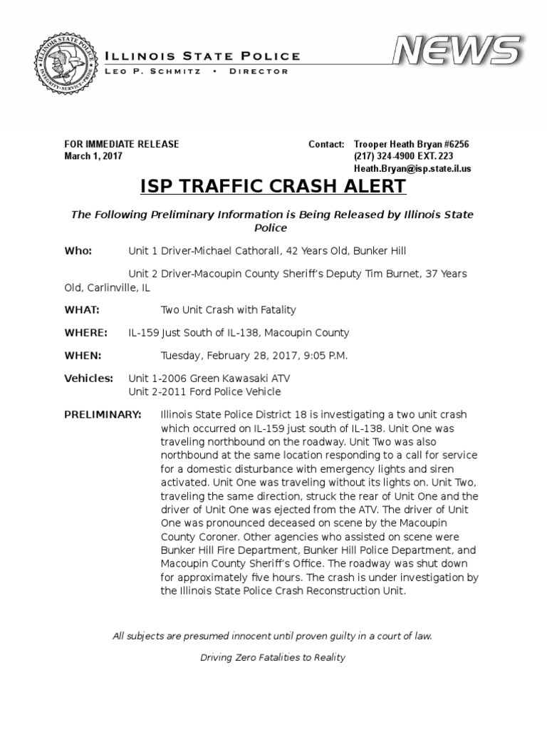 Isp Traffic Crash Alert: The Following Preliminary Information Is Being ...