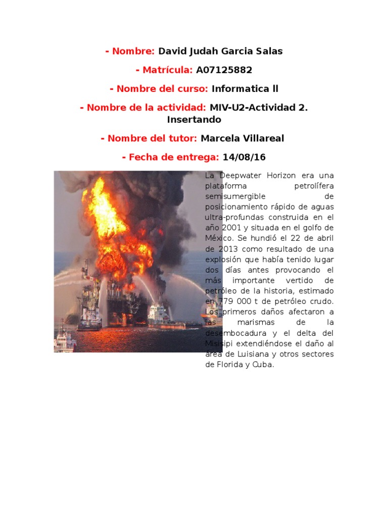 MIV-U2 Actividad 2. Insertando | PDF | Horizonte de aguas profundas | Petróleo