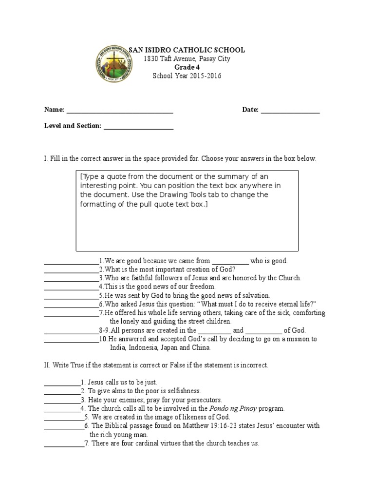 Grade 4 Exam | The Gospel | Jesus