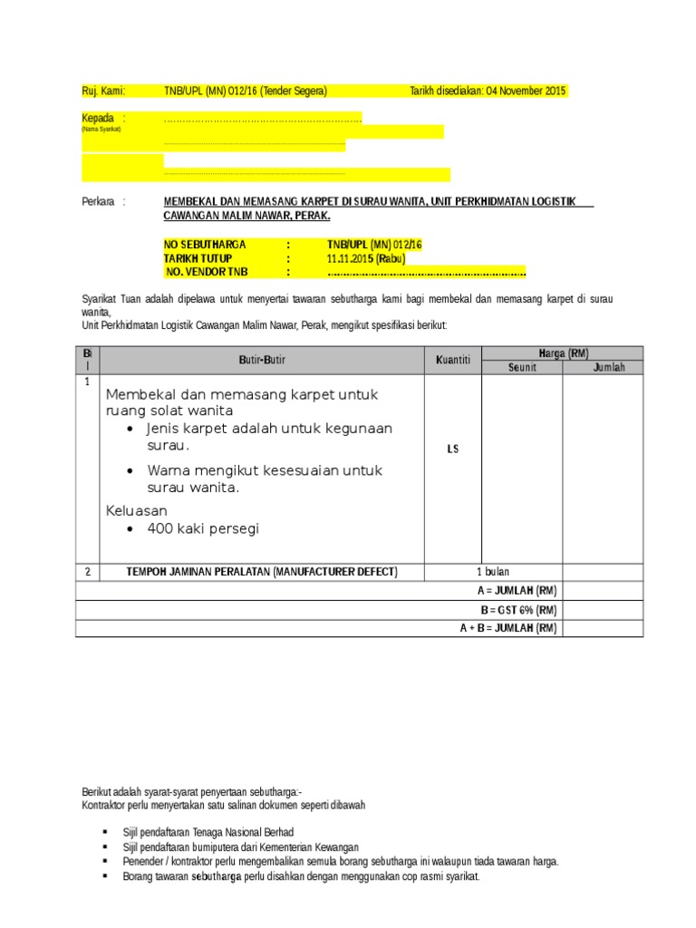 Sebut Harga Karpet Surau | PDF