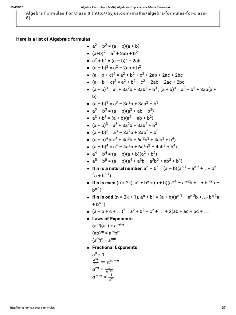 Algebra Formulas List