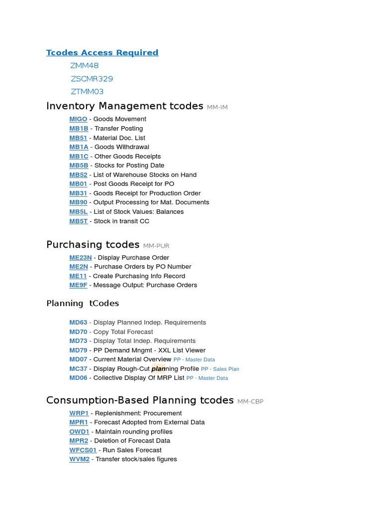 Tcodes MM | PDF