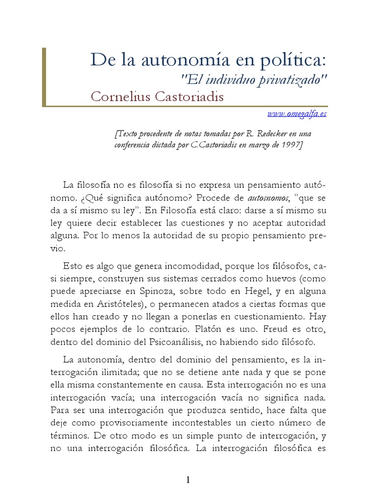 De La Autonomia en Politica PDF | PDF