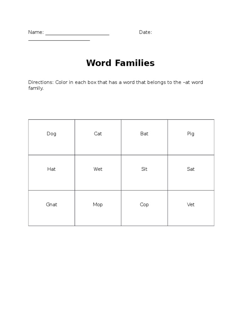 At Word Family Coloring Activity | PDF | Games & Activities