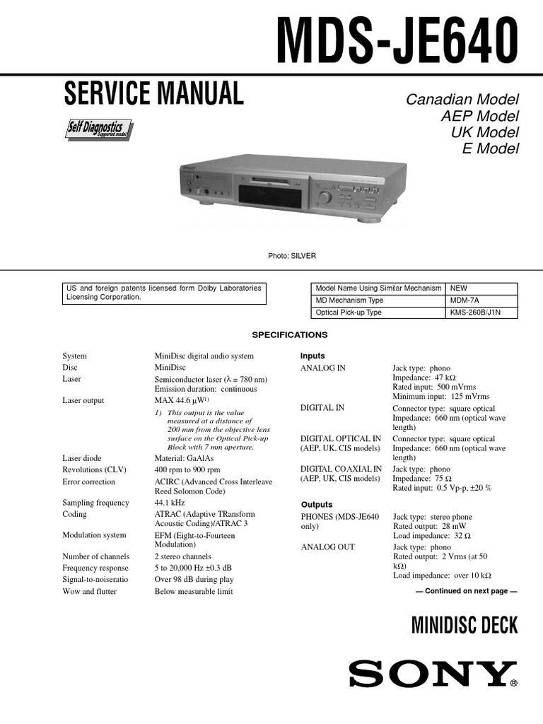 Sony MDS-JE640 Service Manual | PDF | Compact Disc | Optics
