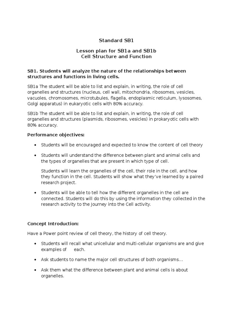 Cell Structure and Function Lesson Plan | Download Free PDF ...