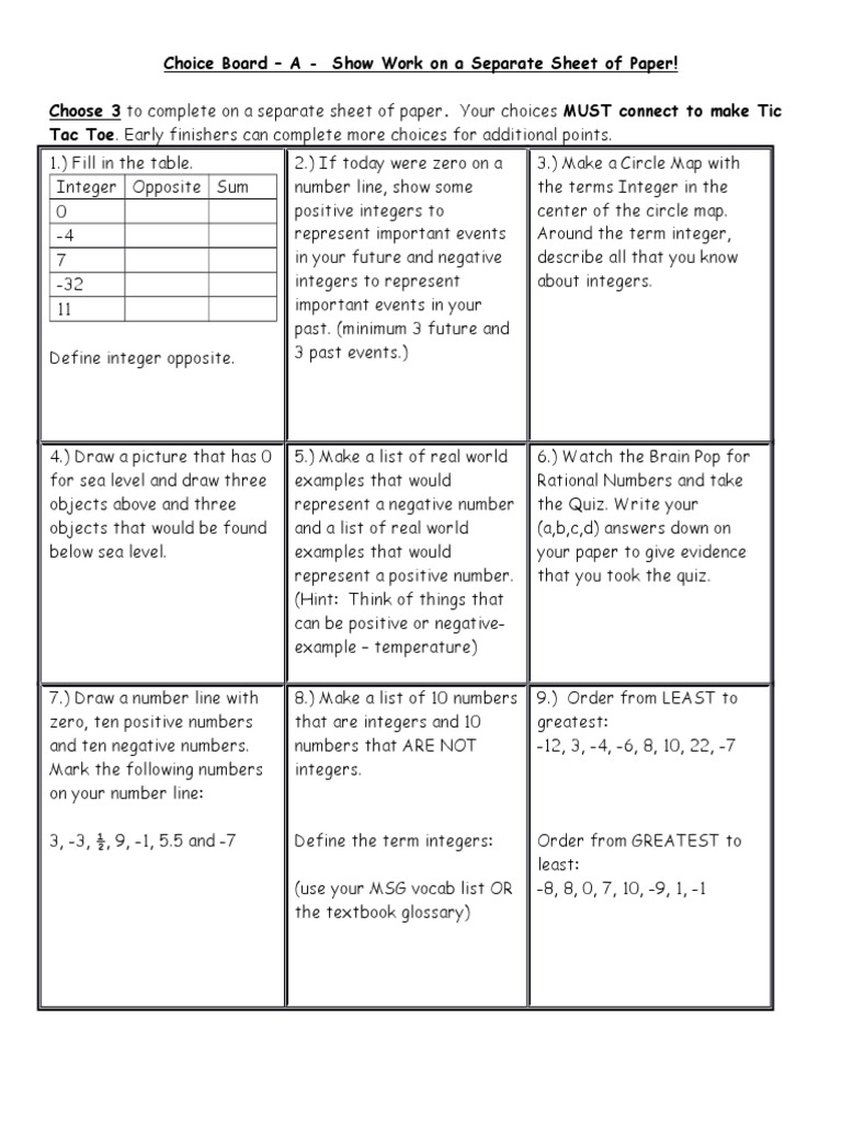 Integers Choice Board A and B | PDF | Integer | Mathematical Concepts
