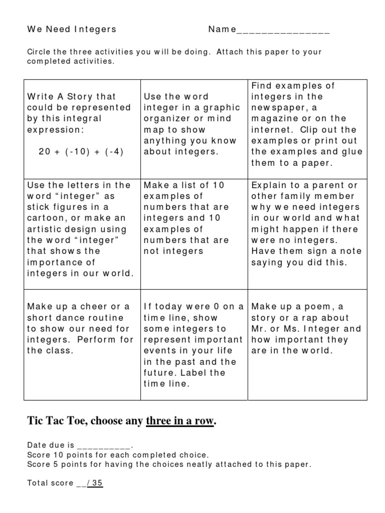 Integers TTT Activities | PDF