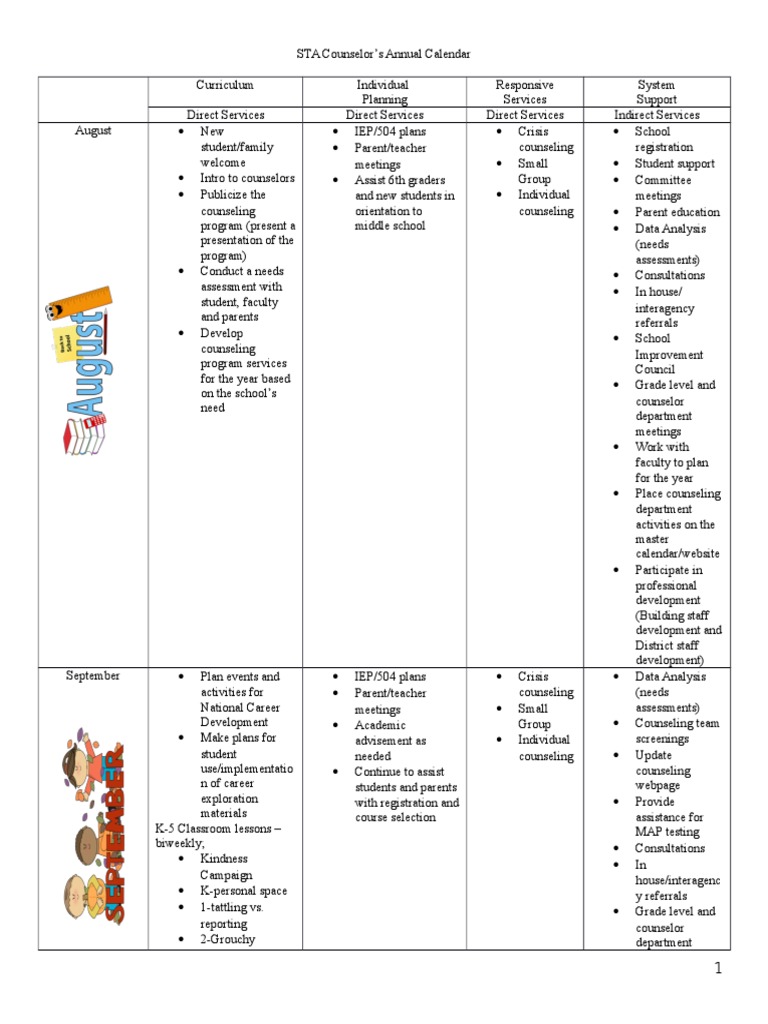 Annual School Counselor Calendar | PDF | School Counselor ...