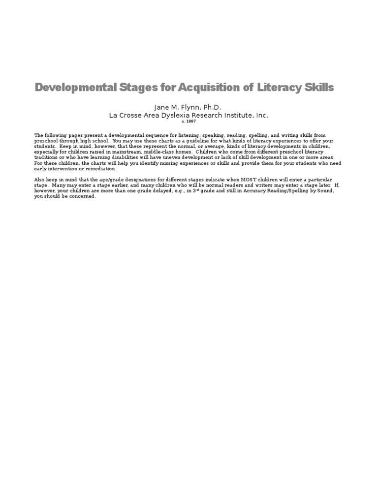 Developmental Stages For Acquisition of Literacy Skills1 | PDF ...
