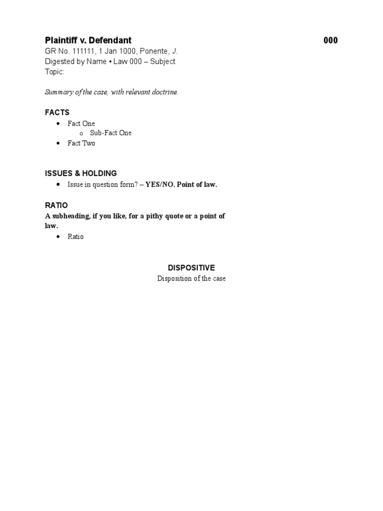 Plaintiff v. Defendant 000: Summary of The Case, With Relevant Doctrine ...