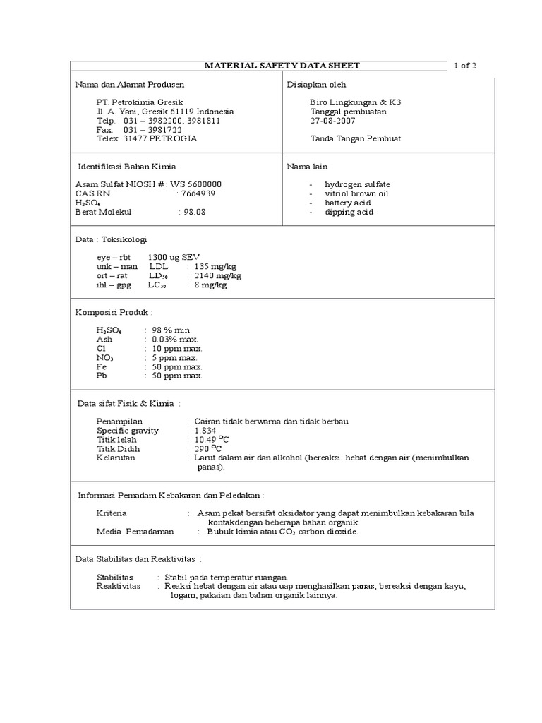 Data Keselamatan Asam Sulfat H2SO4 | PDF