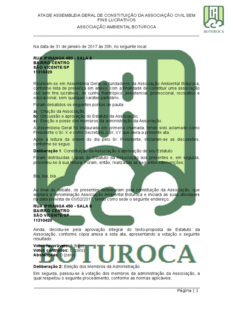 Ata de Assembleia Geral de Constituição Da Associação Civil Sem Fins ...