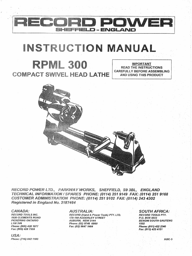 Lathe Record RPM300C Manual | PDF