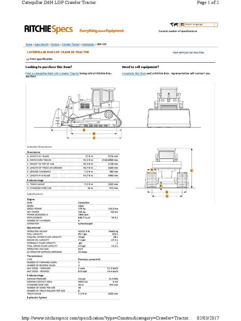 D6H LGP Crawler Dozer Spec | PDF | Tractor | Horsepower