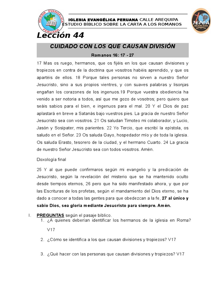 Leccion 44 Cuidado Con Los Que Causan Division | PDF | Epístola a los ... Leccion 44 Cuidado Con Los Que Causan Division | PDF | Epístola a los ...