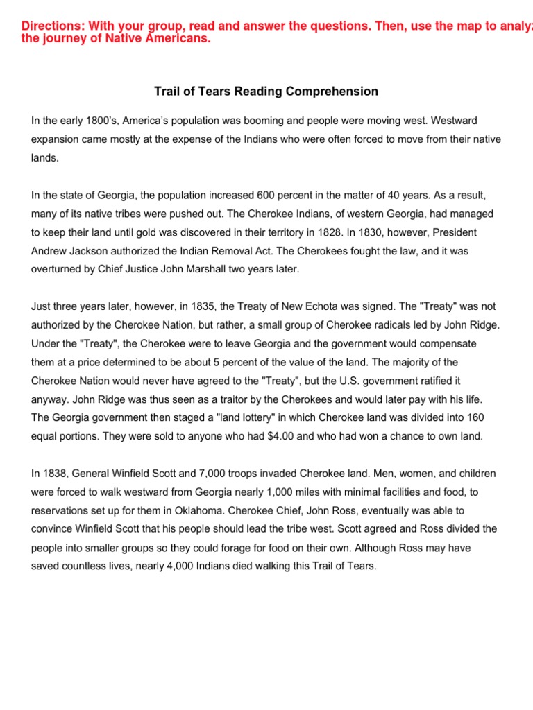 Trail of Tears Reading Comprehension | PDF