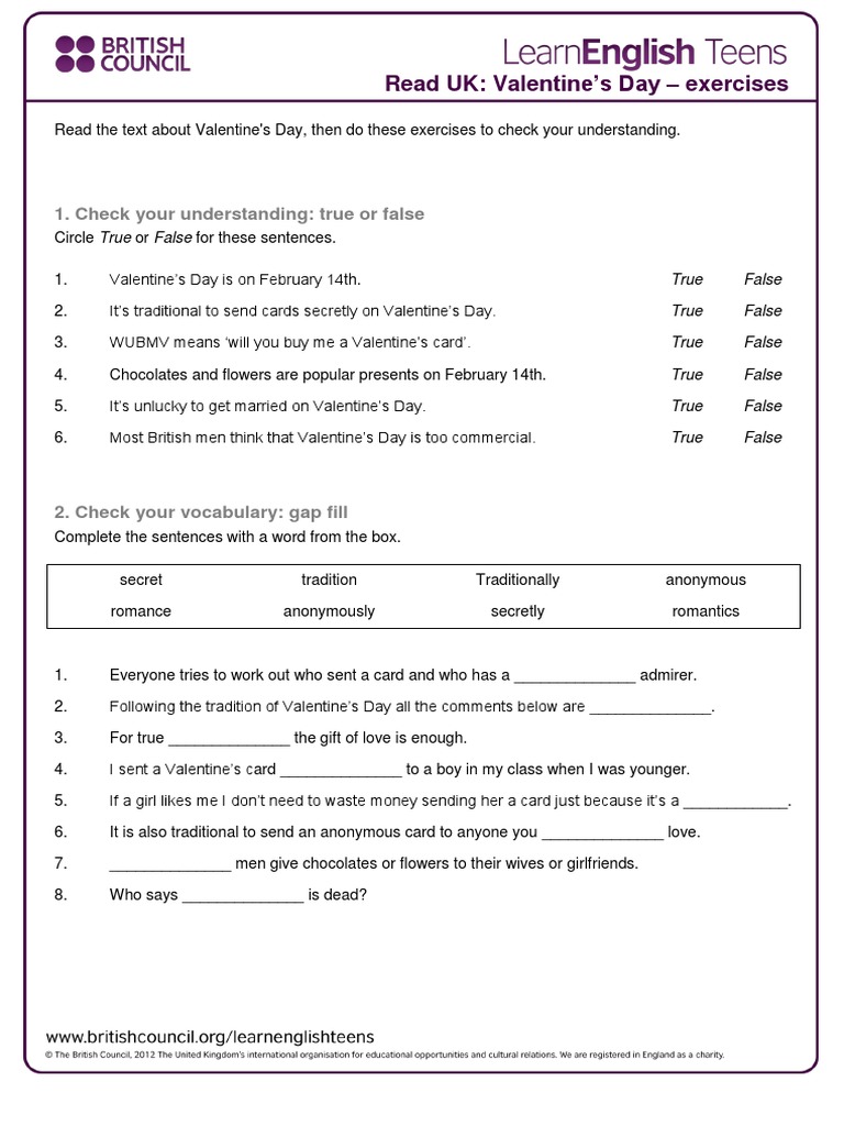 Valentine's Day Exercises & Vocabulary | PDF | Valentine's Day