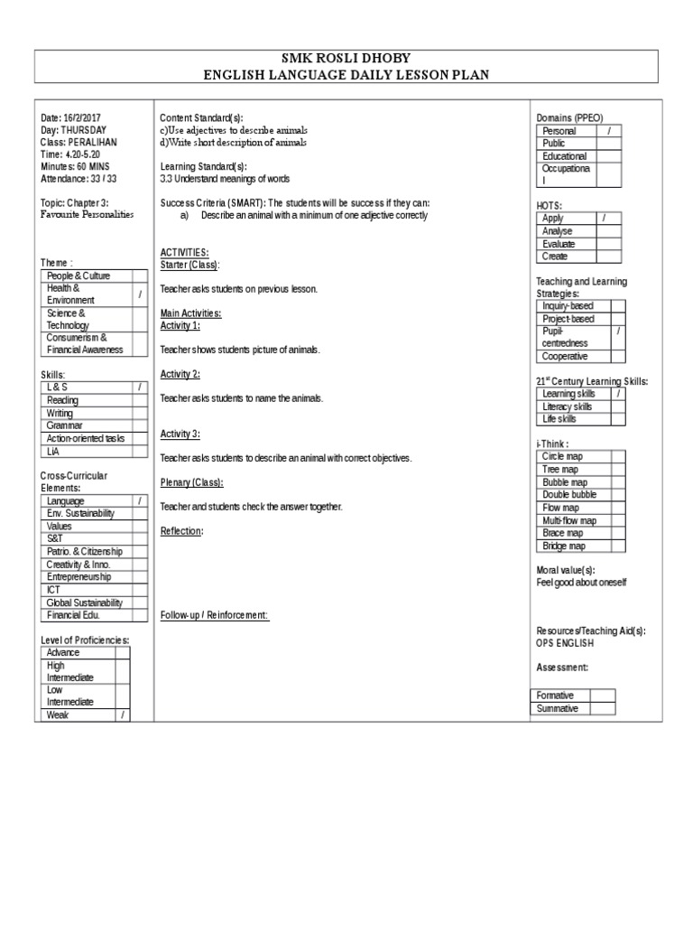 SMK Rosli Dhoby English Language Daily Lesson Plan | PDF | Lesson Plan ...