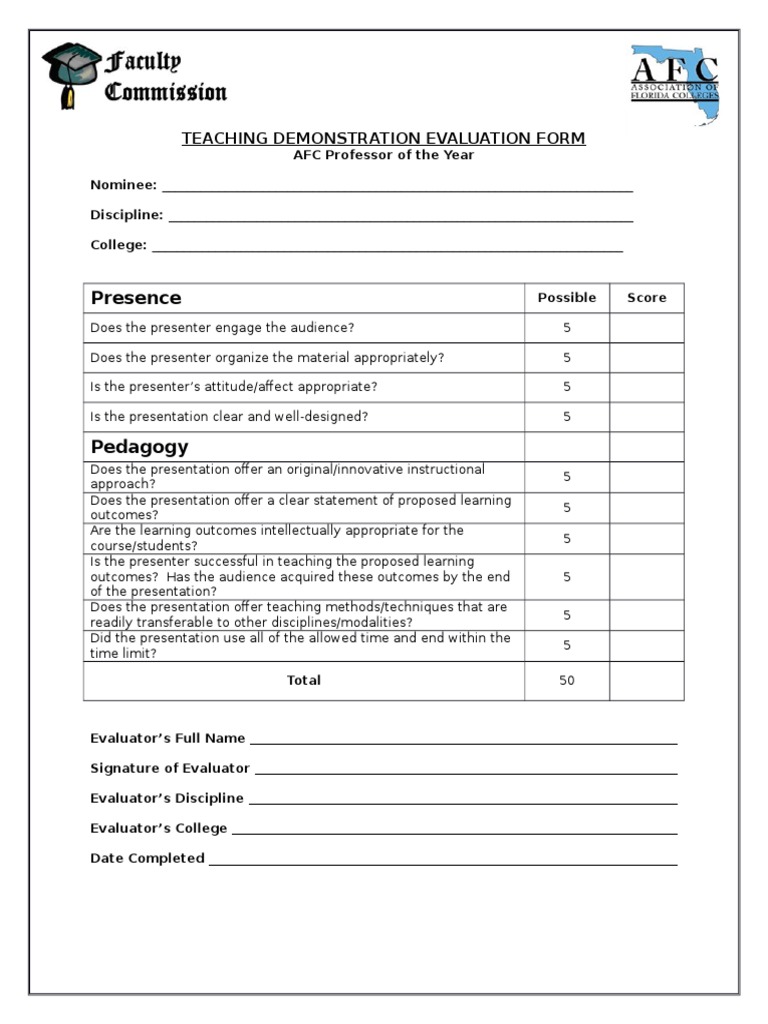 Presence: Teaching Demonstration Evaluation Form | PDF