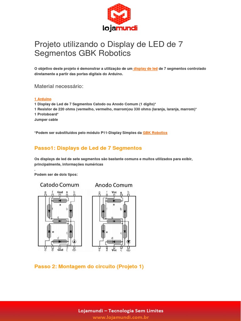 Projeto Utilizando o Display de Led de 7 Segmentos GBK Robotics | PDF | Arduino | Diodo emissor ...