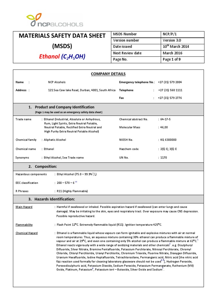 MSDS Light Spirit | PDF | Ethanol | Dangerous Goods