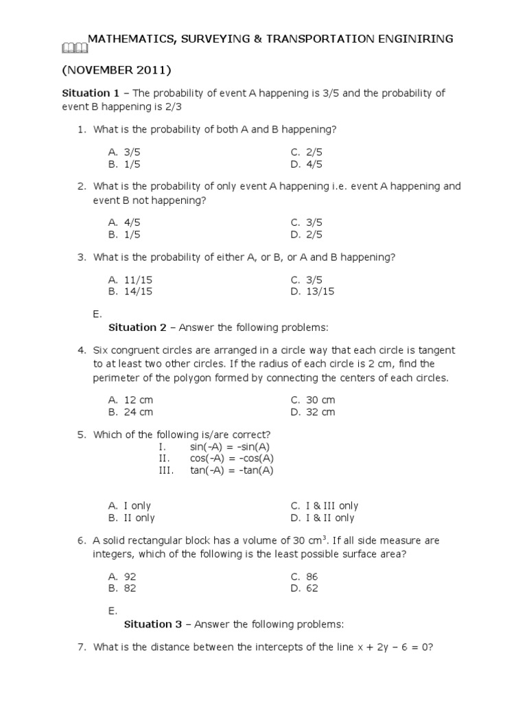 MATHEMATICS, SURVEYING & TRANSPORTATION ENGINIRING PROBLEMS | PDF ...