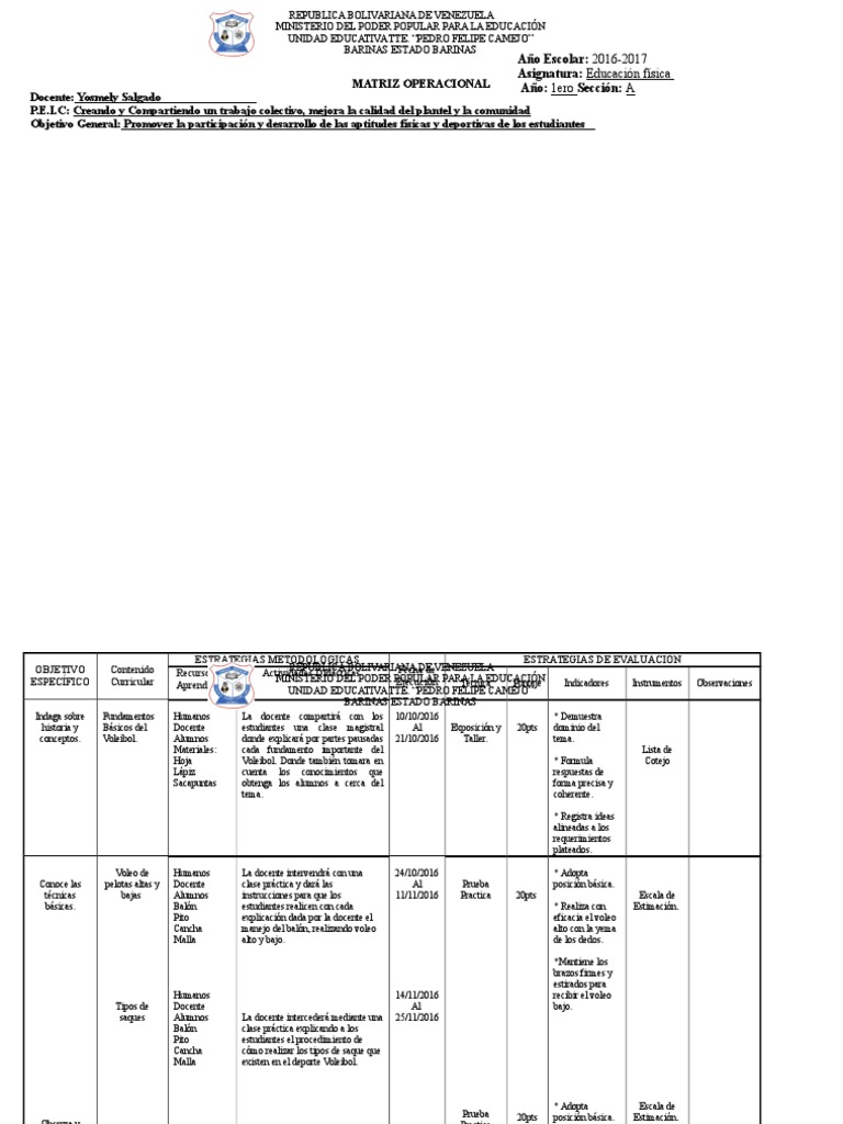 Matriz Operacional Nueva Educ Fisica I Lapso | PDF | Vóleibol | Maestros