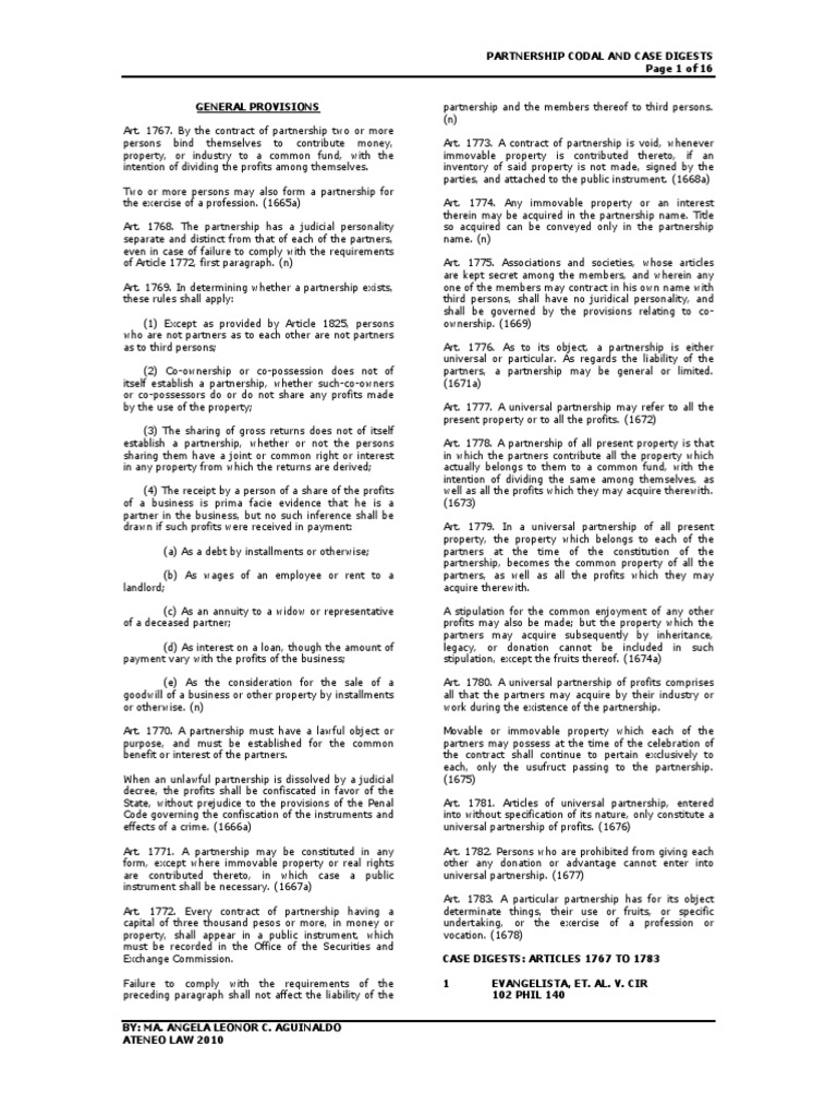Partnership-Case Digests and Codal | PDF