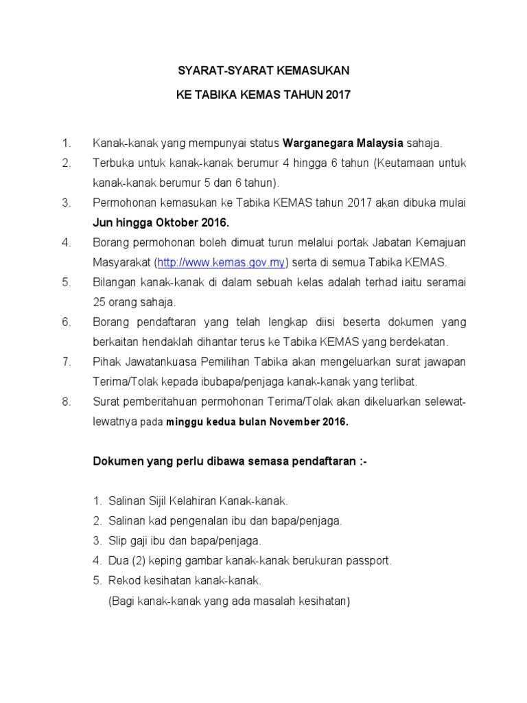 SYARAT Kemasukan Tabika KEMAS | PDF