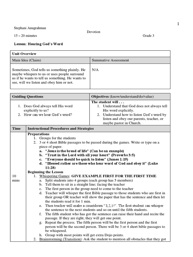 Hearing God's Word: Grade 3 Lesson Plan | PDF | Prayer | Educational ...