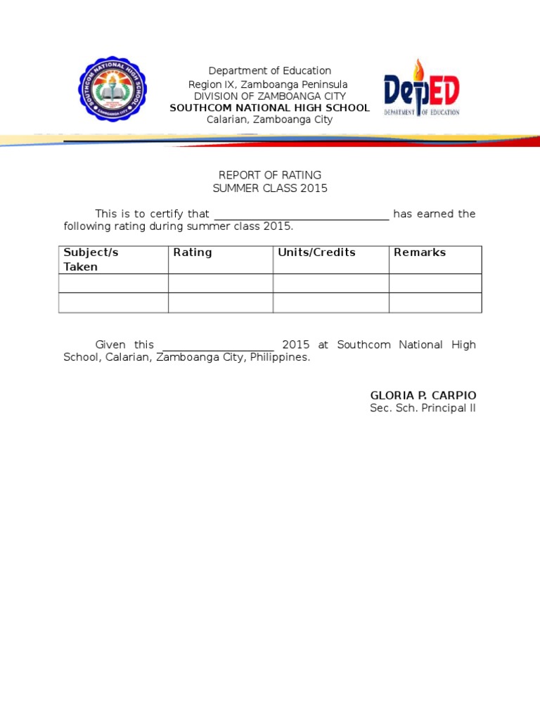 Summer Class 2015 Report Card for Southcom National High School in ...