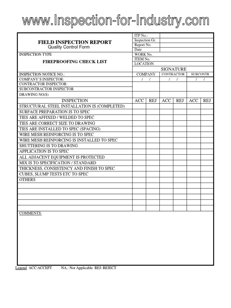 Fireproofing Check List Quality Control and Inspection Report Form PDF ...