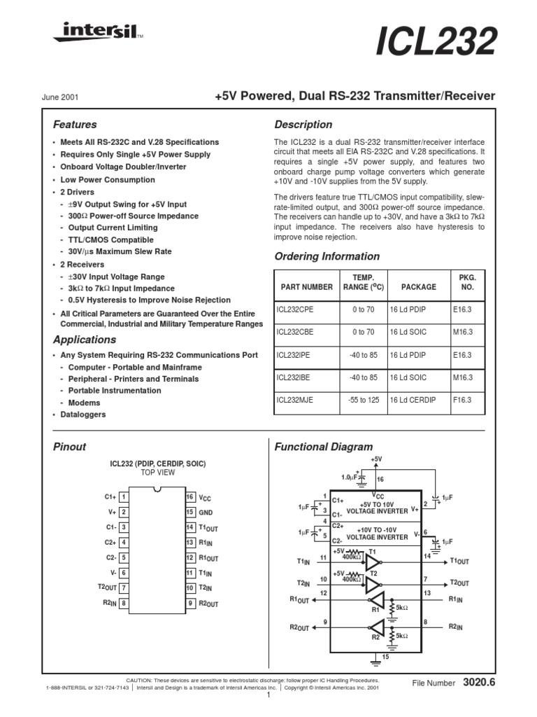 +5V Powered, Dual RS-232 Transmitter/Receiver: Features Description ...