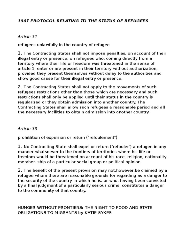 Article 31: 1967 Protocol Relating To The Status of Refugees | PDF ...