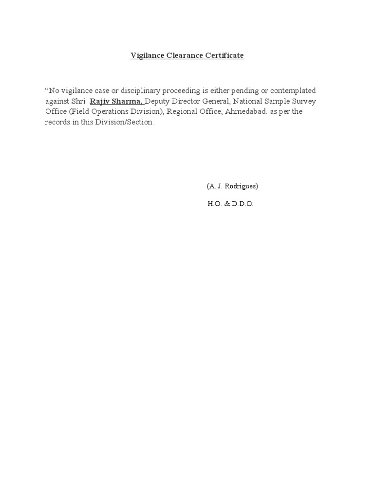 Vigilance Clearance Certificate: (A. J. Rodrigues) H.O. & D.D.O | PDF