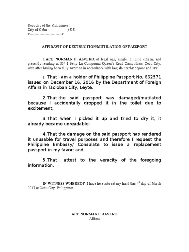 Affidavit of Mutilation of Passport | PDF | Affidavit | International Law