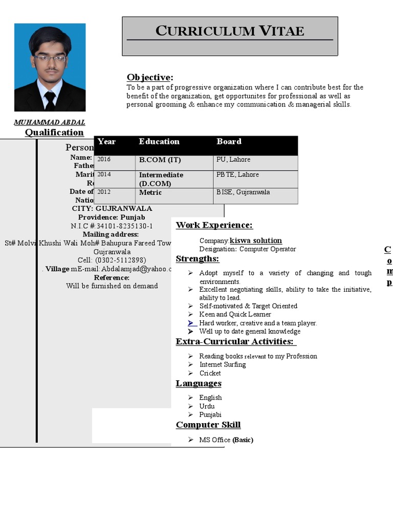 Abdal CV With Pic 2003 | PDF | Cognition | Communication