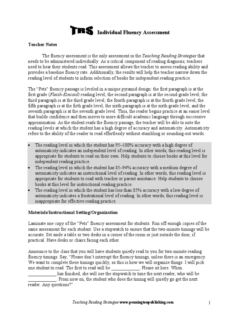 Individual Fluency Assessment: Teacher Notes | PDF | Pet | Neutering