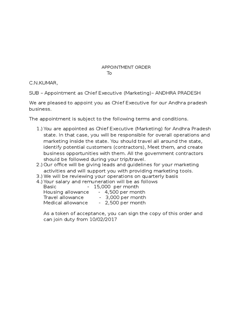 Appointment Order for Chief Executive Marketing | PDF