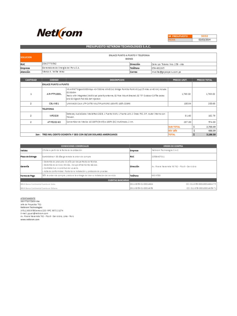 Cotización Netkrom - Radio Enlace - Telefonia Bienes | PDF | Red de ...