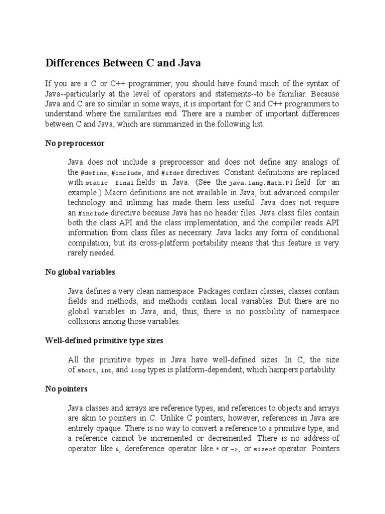 Differences Between C And Java Pdf C Programming Language Java Programming Language 