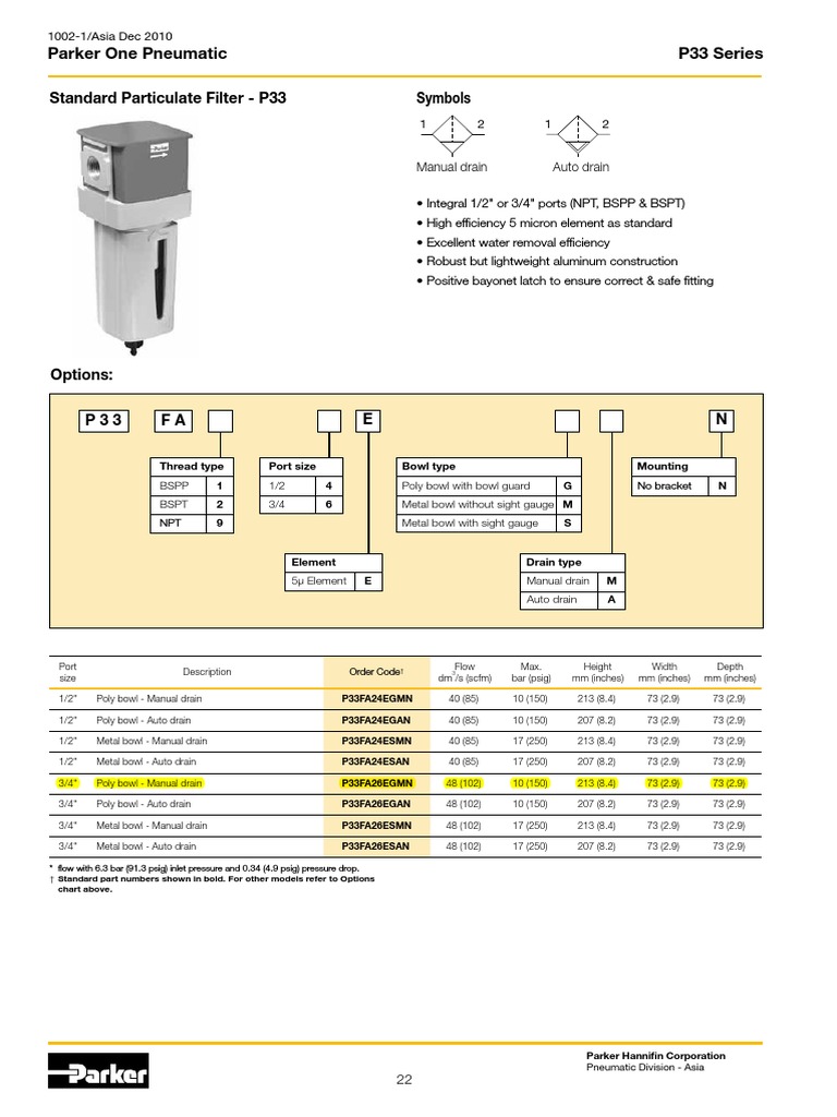 Parker One Pneumatic P33 Series: Standard Particulate Filter - P33 ...