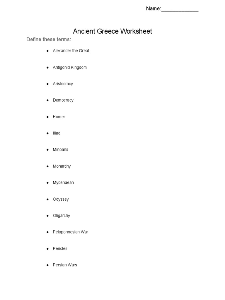 Ancient Greece Worksheet: Define These Terms | PDF