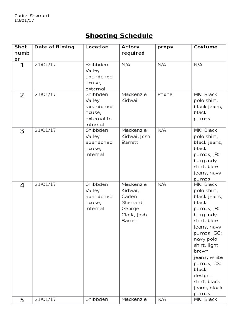 Shooting Schedule | PDF | Leisure