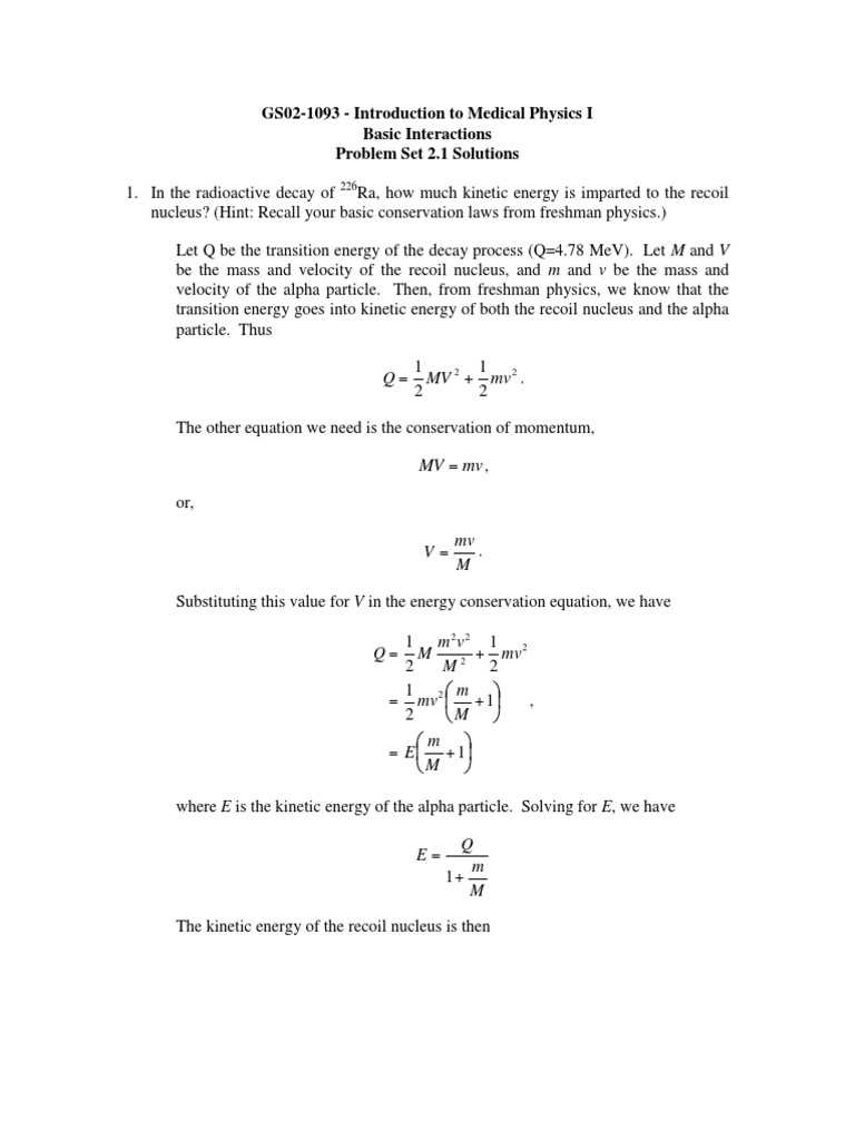 GS02-1093 - Introduction To Medical Physics I Basic Interactions Problem Set 2.1 Solutions | PDF ...