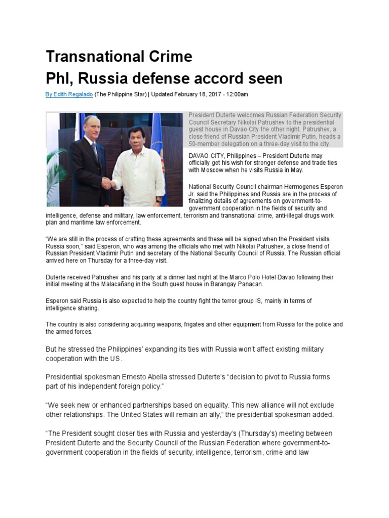 Transnational Crime PHL, Russia Defense Accord Seen: by Edith Regalado ...