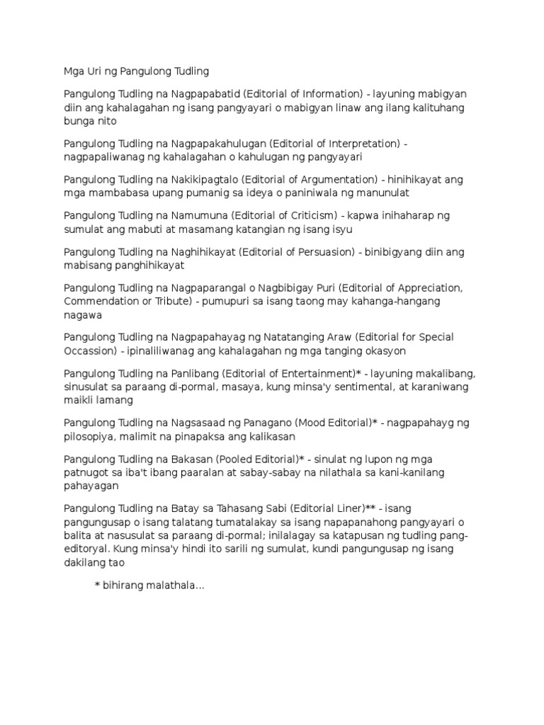 Mga Uri NG Pangulong Tudling | PDF