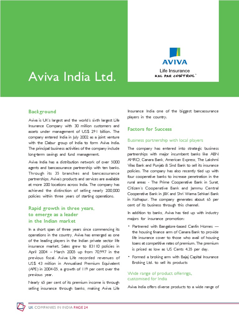 Aviva India LTD.: Background Factors For Success | PDF | Insurance ...