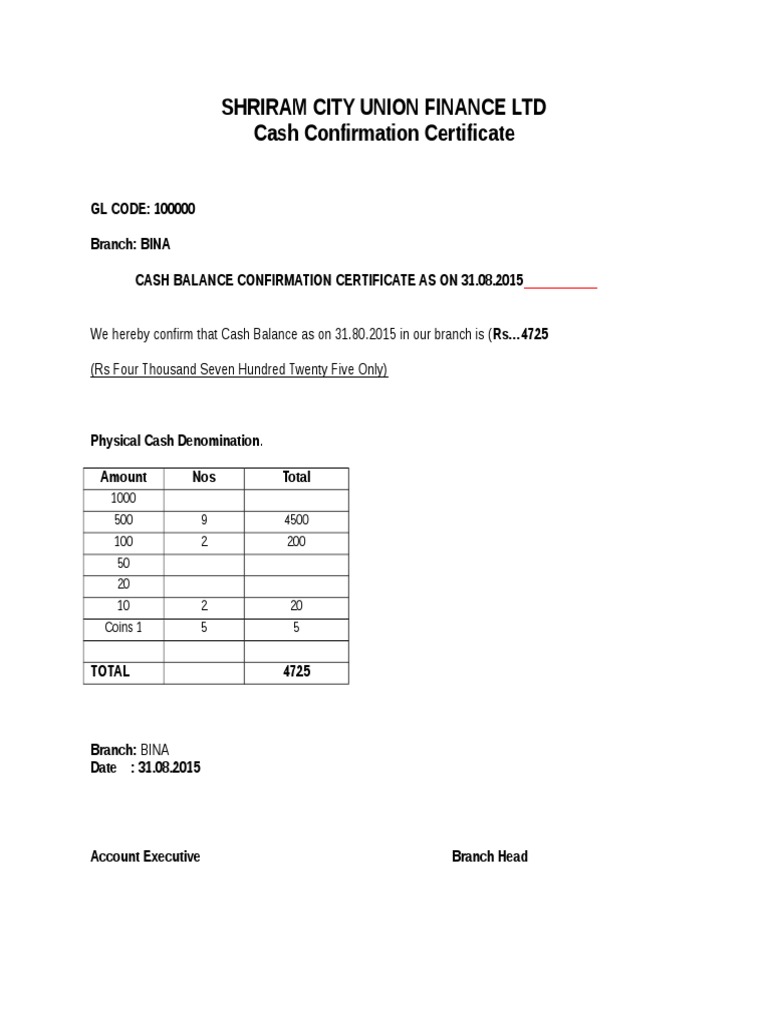 Cash Confirmation Format-Bina | PDF